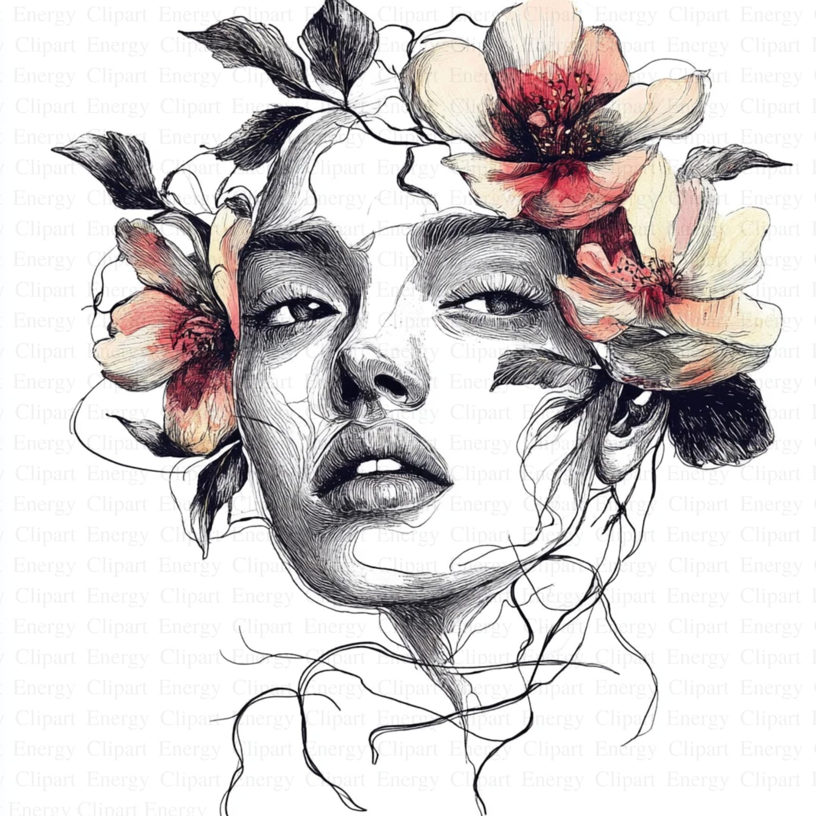 Floral Woman Face Clipart | 5 High Quality Jpgs | Digital Download ...