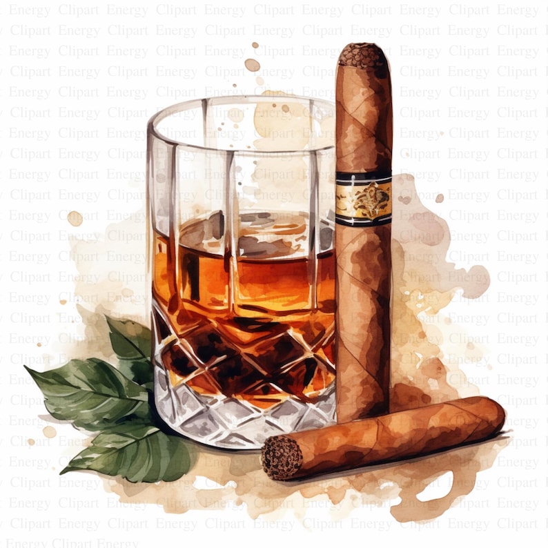 Cigar and Glass of Whisky Clipart | 5 High Quality Jpgs | Digital Download | Mixed Media | Card ...