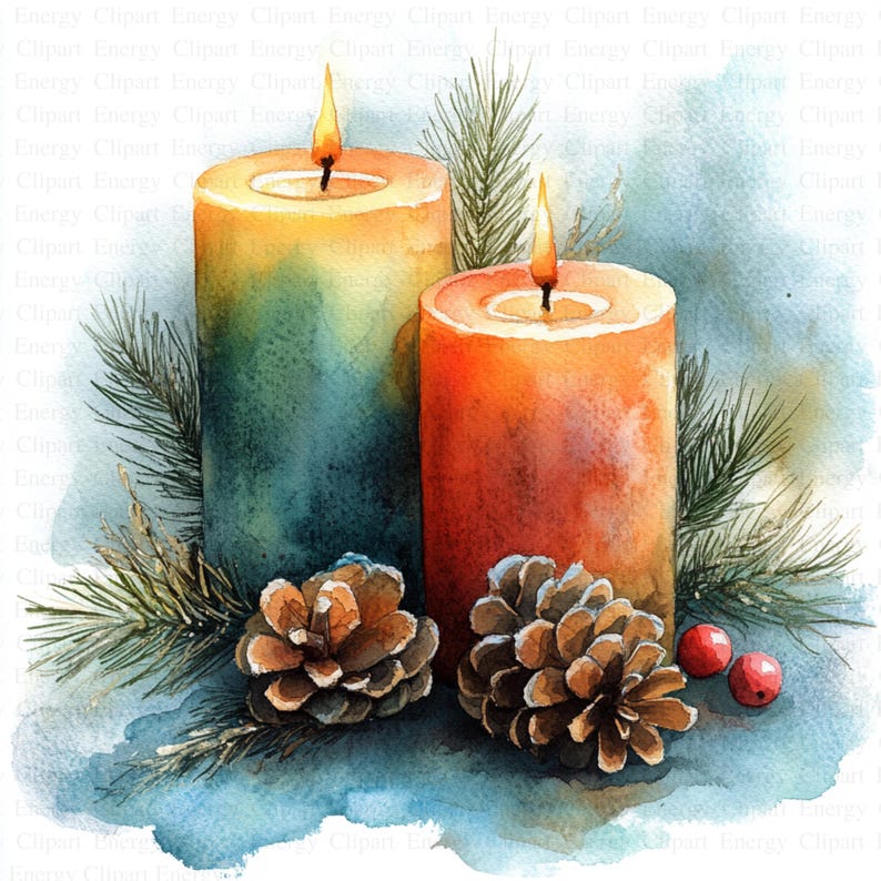 Watercolor Christmas Candles Clipart | 5 High Quality Jpg's | Digital ...