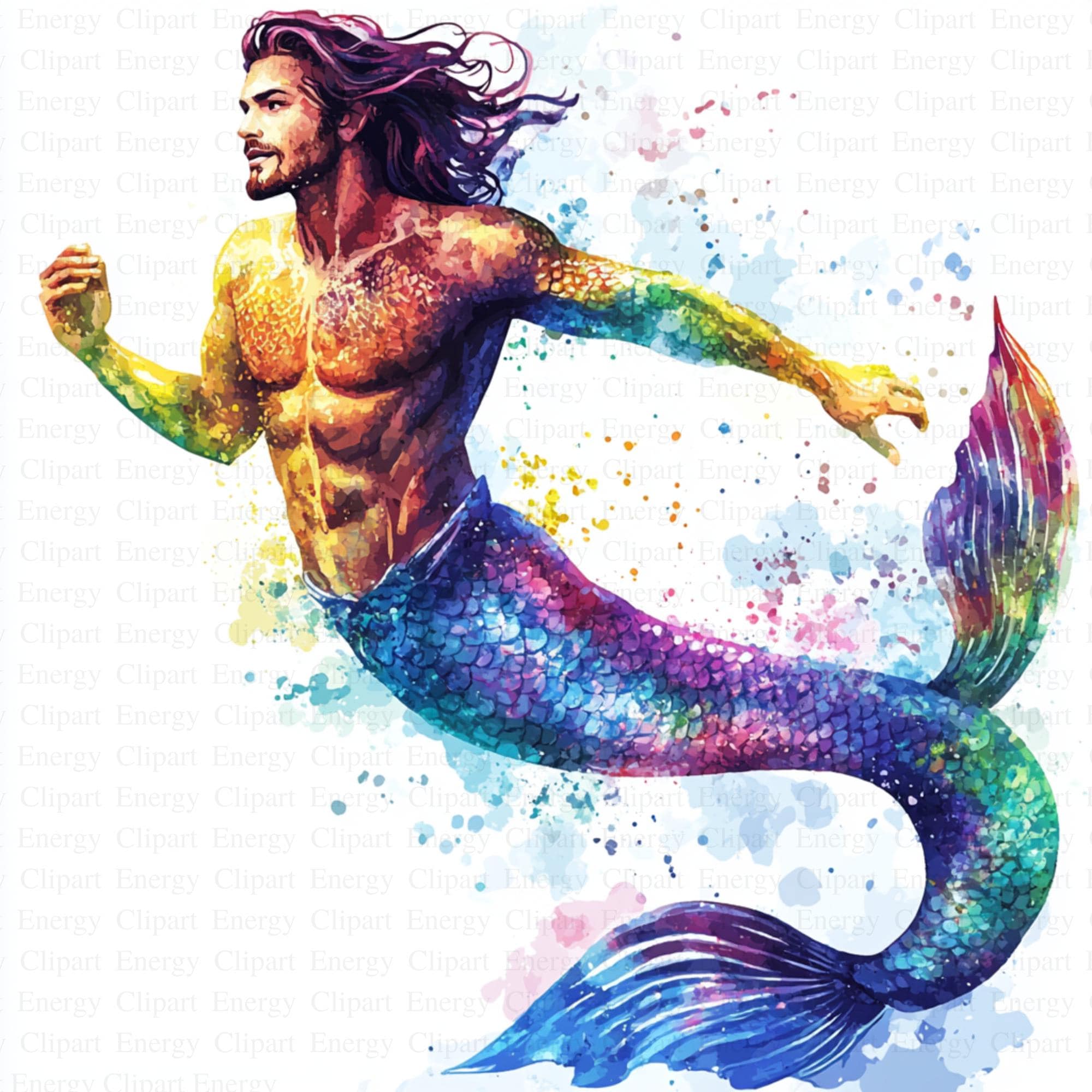 Watercolor Mermaid Man Clipart | 5 High Quality Jpgs | Digital Download ...