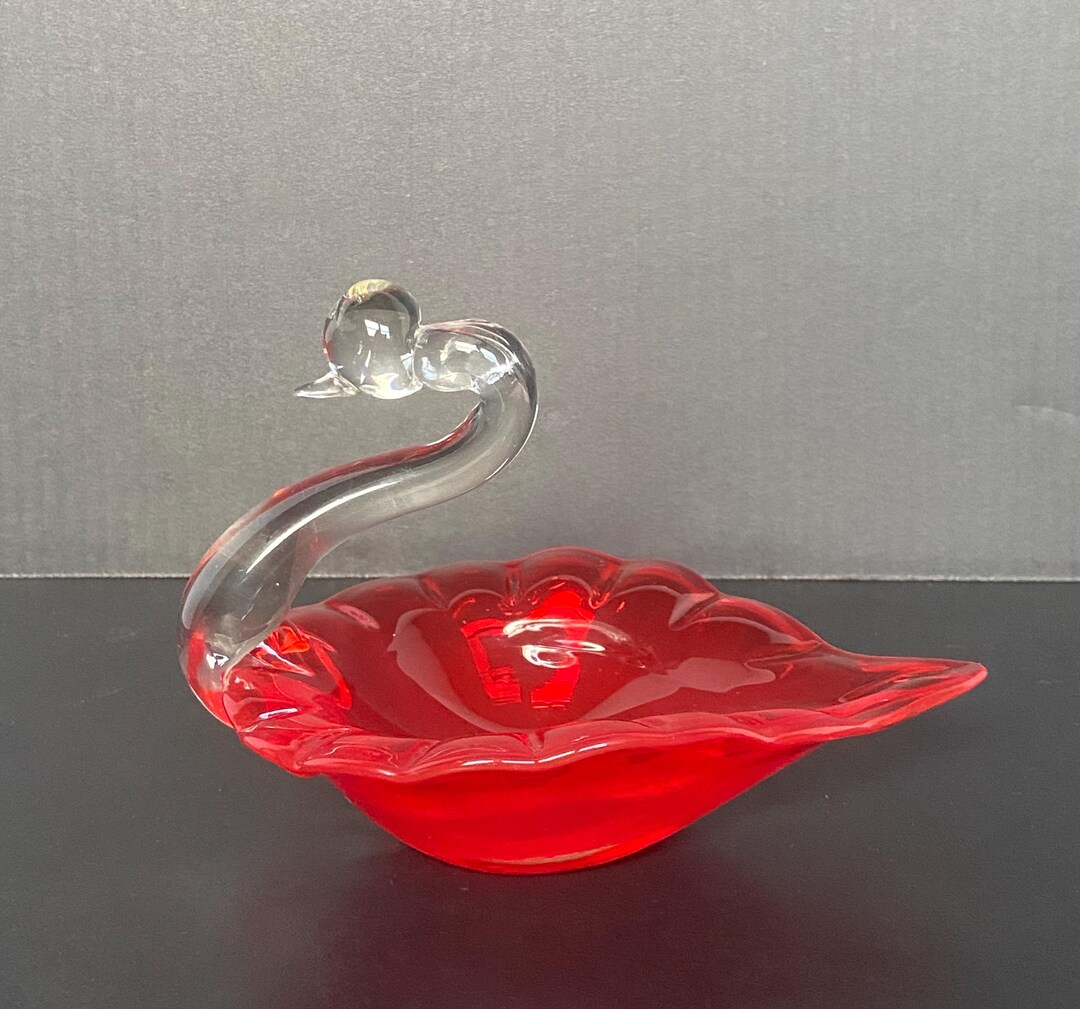 Vintage Duncan and Miller Hand Blown Glass Art Swan Dish Bowl Red ...