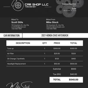 Invoice Template, Mechanic Invoice, Invoice, Receipt Template, Auto ...