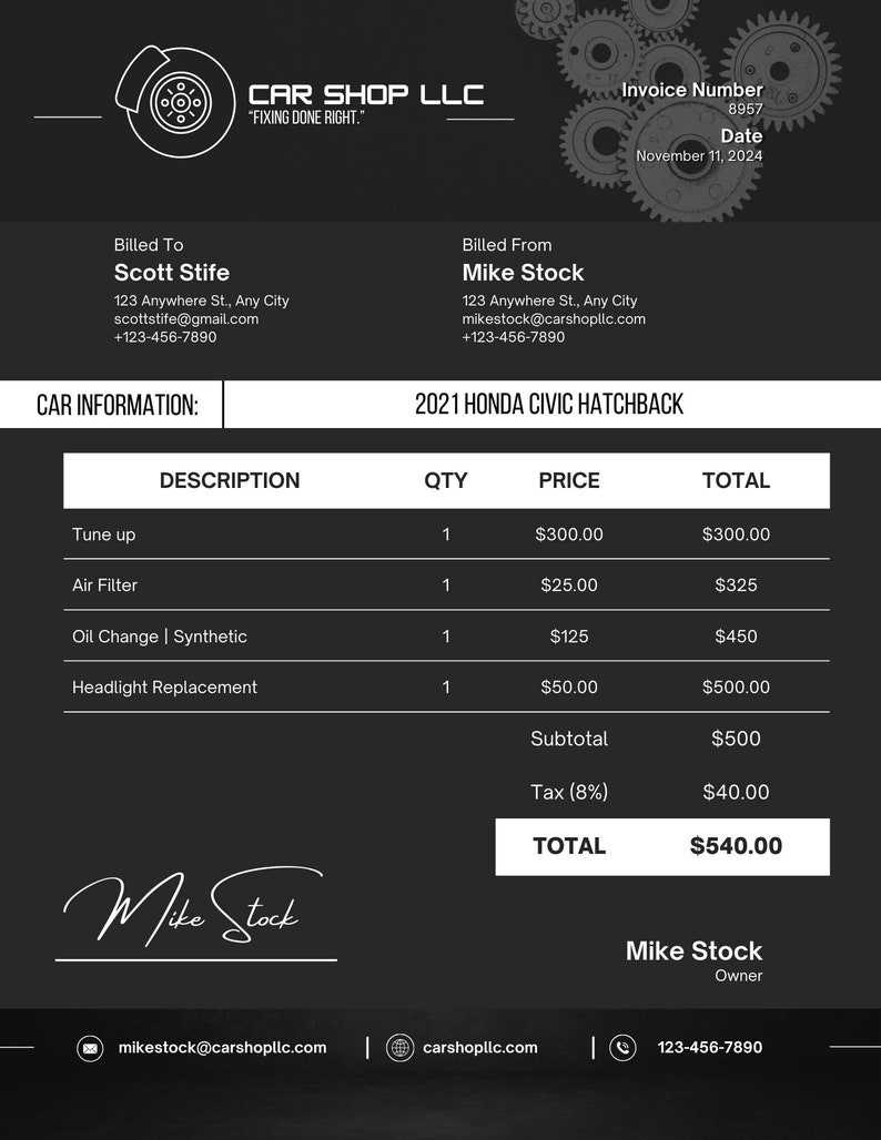 Invoice Template, Mechanic Invoice, Invoice, Receipt Template, Auto ...