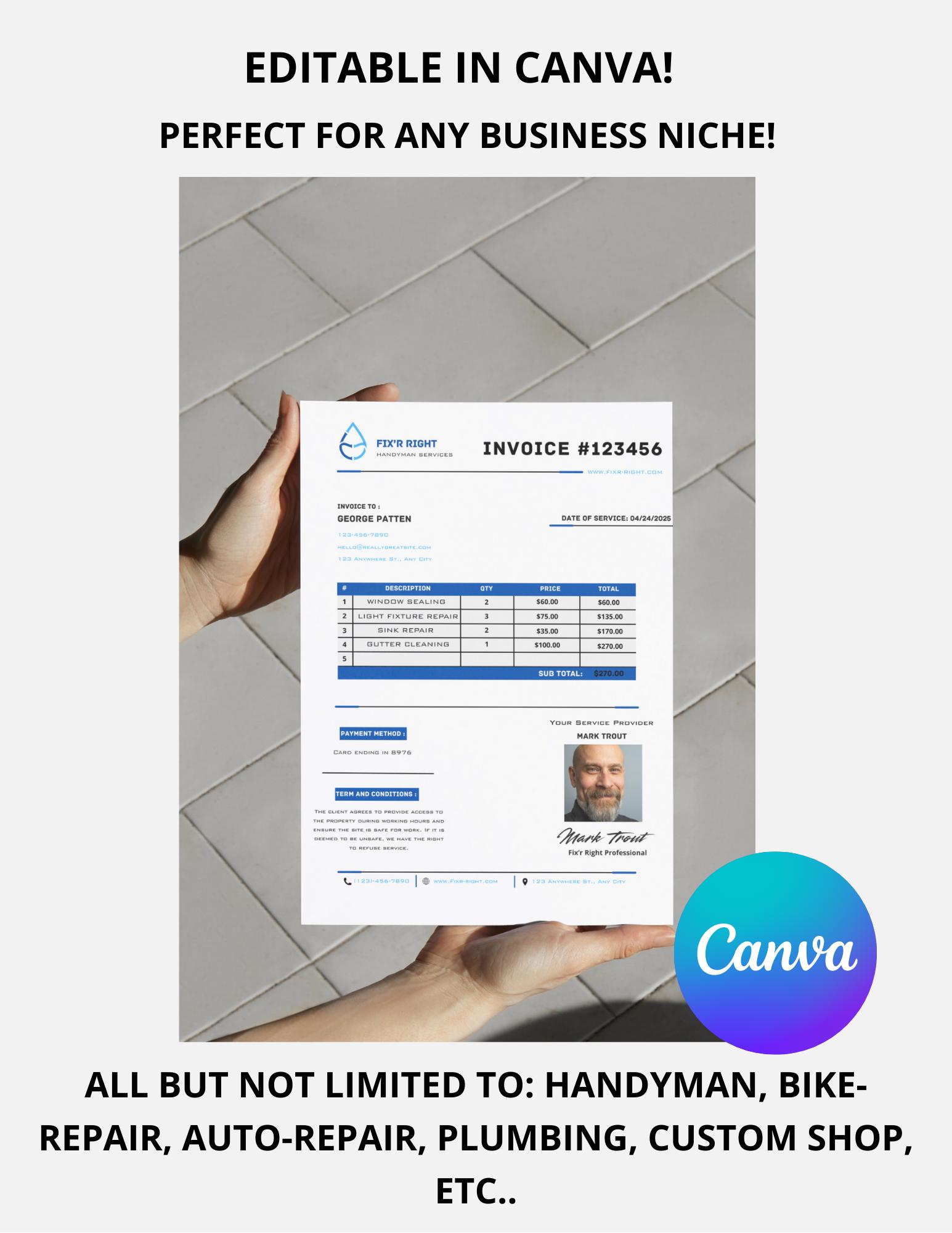 Invoice Template, Handyman, Auto Repair, Client Intake Form, Plumbing ...