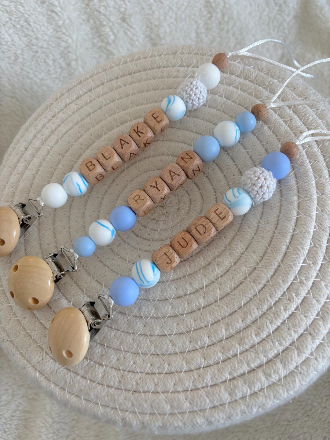 Personalized Blue Marble Dummy Clip – Silicone & Wooden Beads, Handmade ...