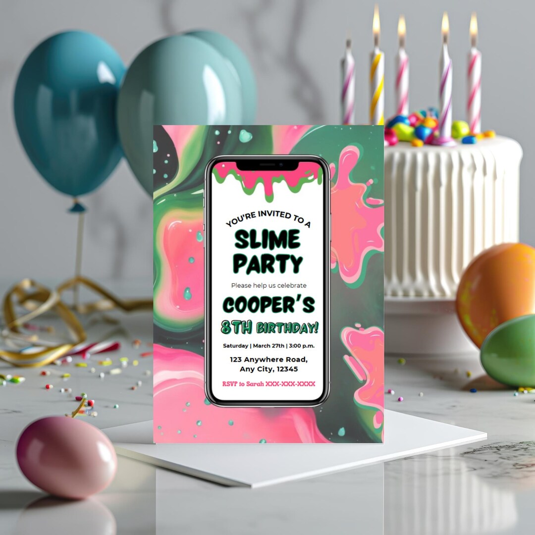 SLIME PARTY Invitation, Editable Slime Birthday Invite Template, Bright ...
