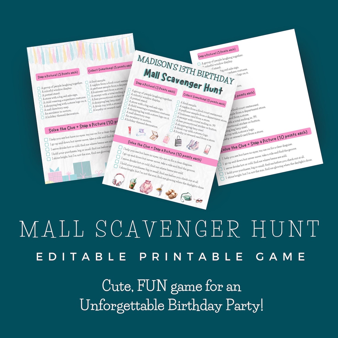 Editable Mall Scavenger Hunt, Printable Teen Party Game, Birthday Party ...