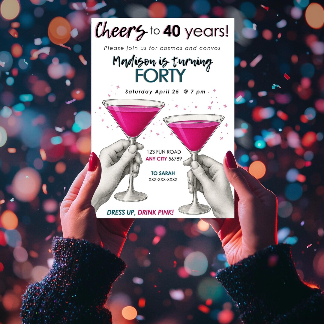 Cosmopolitan Birthday Invitation, Editable Pink Cheers to 40 Years ...