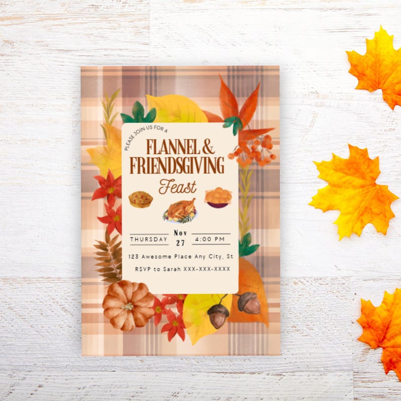 Flannel and Friendsgiving Feast Invitation | Fall Friendsgiving Party ...