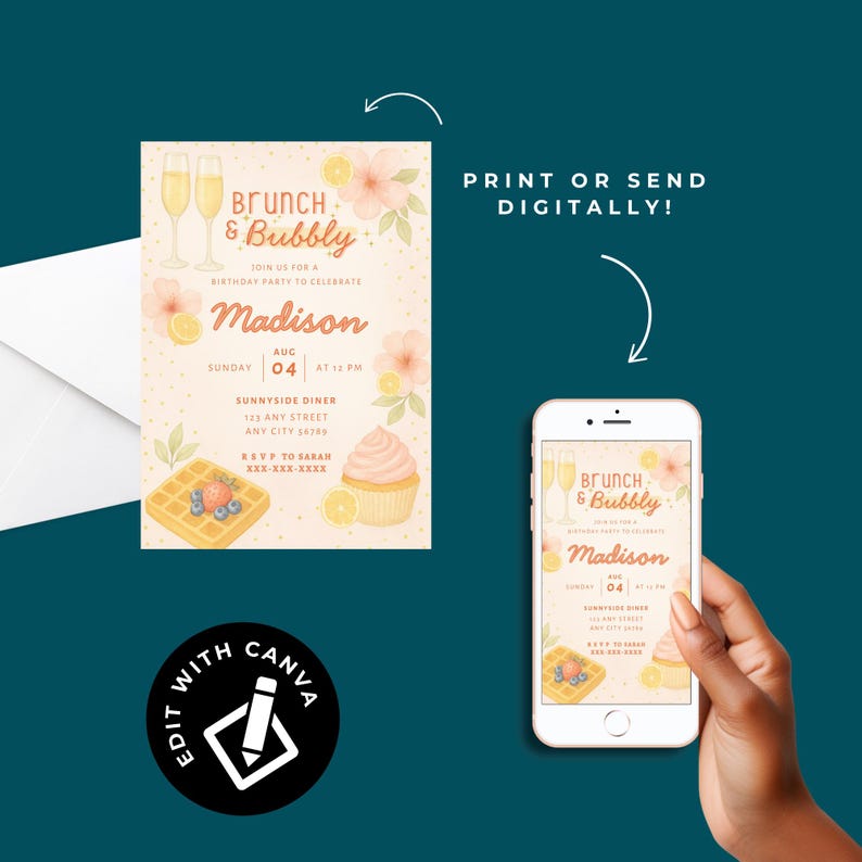 Brunch and Bubbly Invitation Template, Editable Girls' Brunch Invite ...