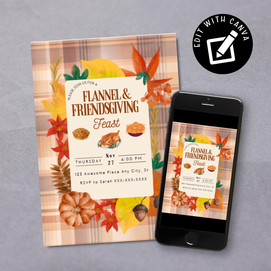 Flannel and Friendsgiving Feast Invitation | Fall Friendsgiving Party ...