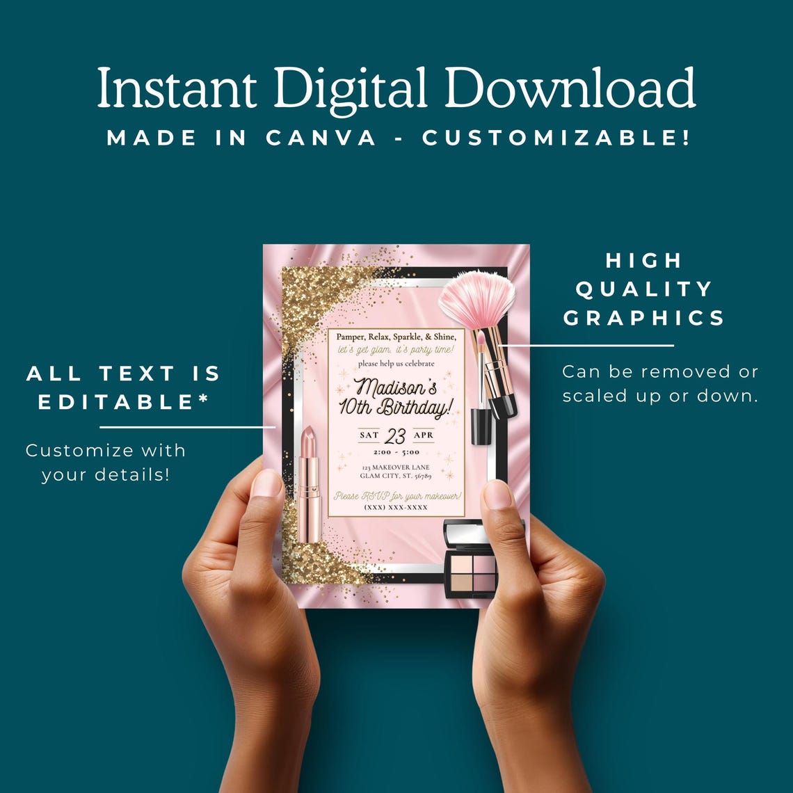 Editable Makeup Birthday Invitation, Glam Teen Party, Instant Digital ...