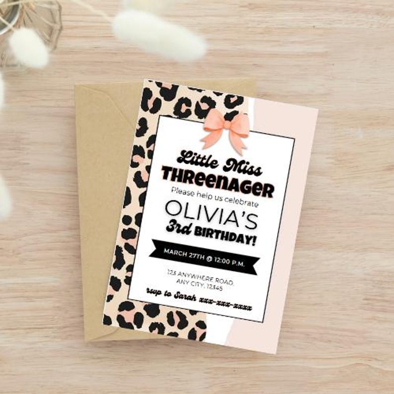 Editable Little Miss Threenager Birthday Invitation, Leopard Print ...