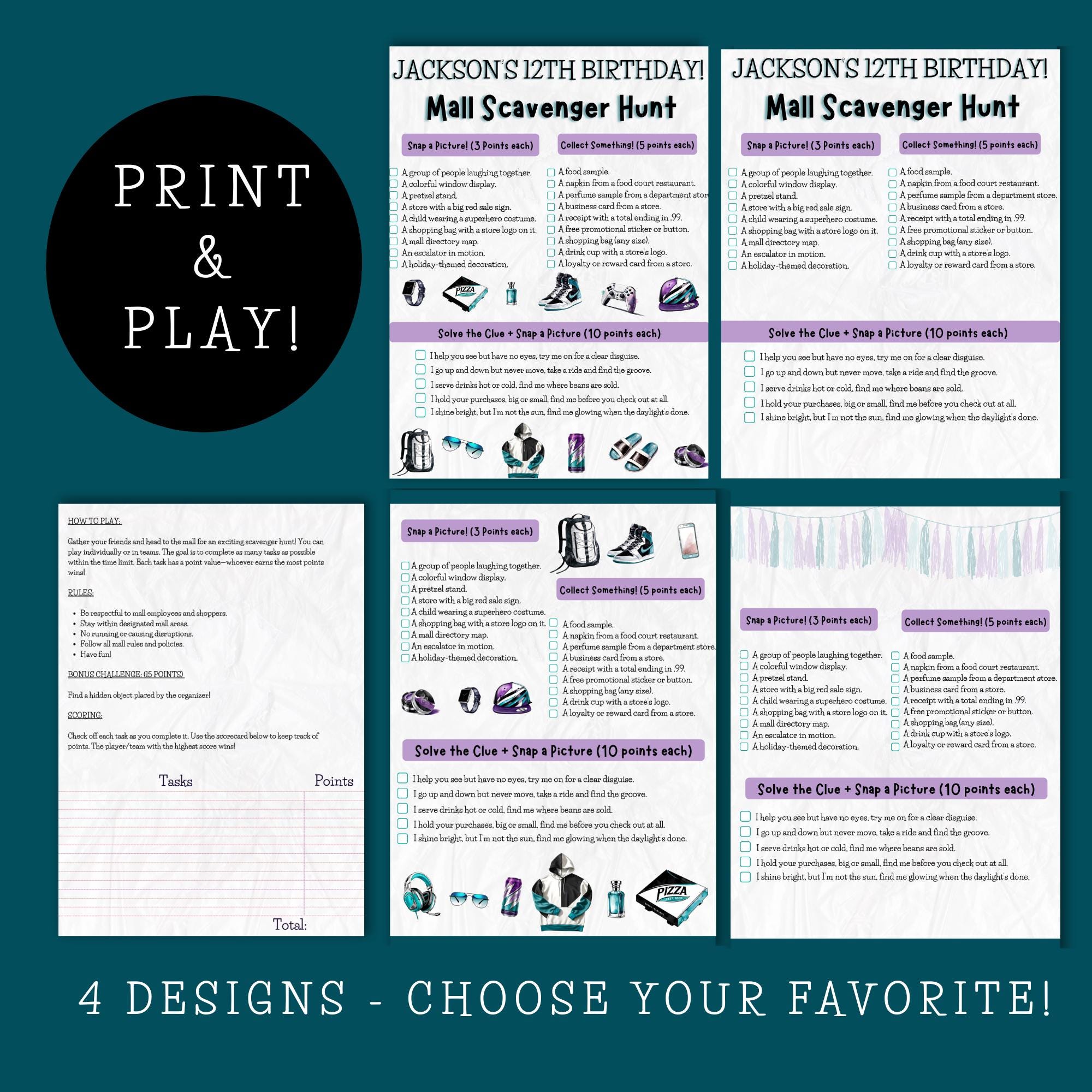 Editable Boy Mall Scavenger Hunt Birthday Party Bundle, Printable Boy ...