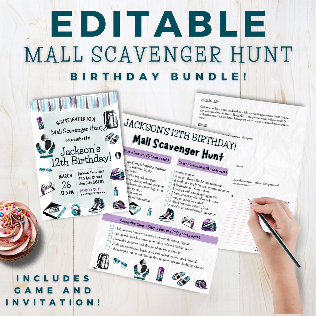 Editable Boy Mall Scavenger Hunt Birthday Party Bundle, Printable Boy ...