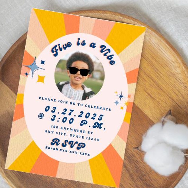 Editable Five is a Vibe Birthday Invitation, Groovy Retro Invite, 5th ...