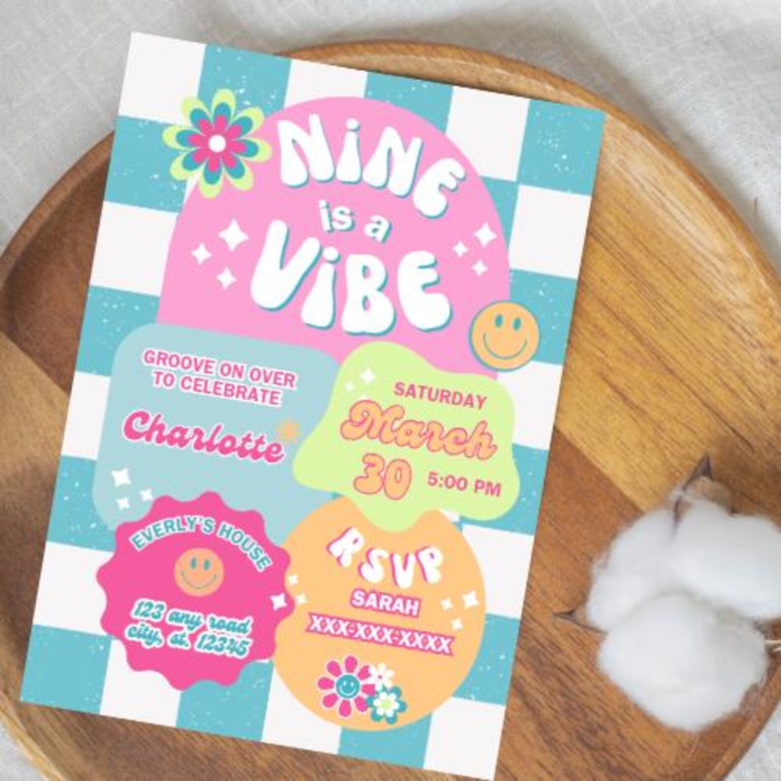 Editable NINE is a VIBE Groovy Smiley Face Birthday Invitation, Trendy ...