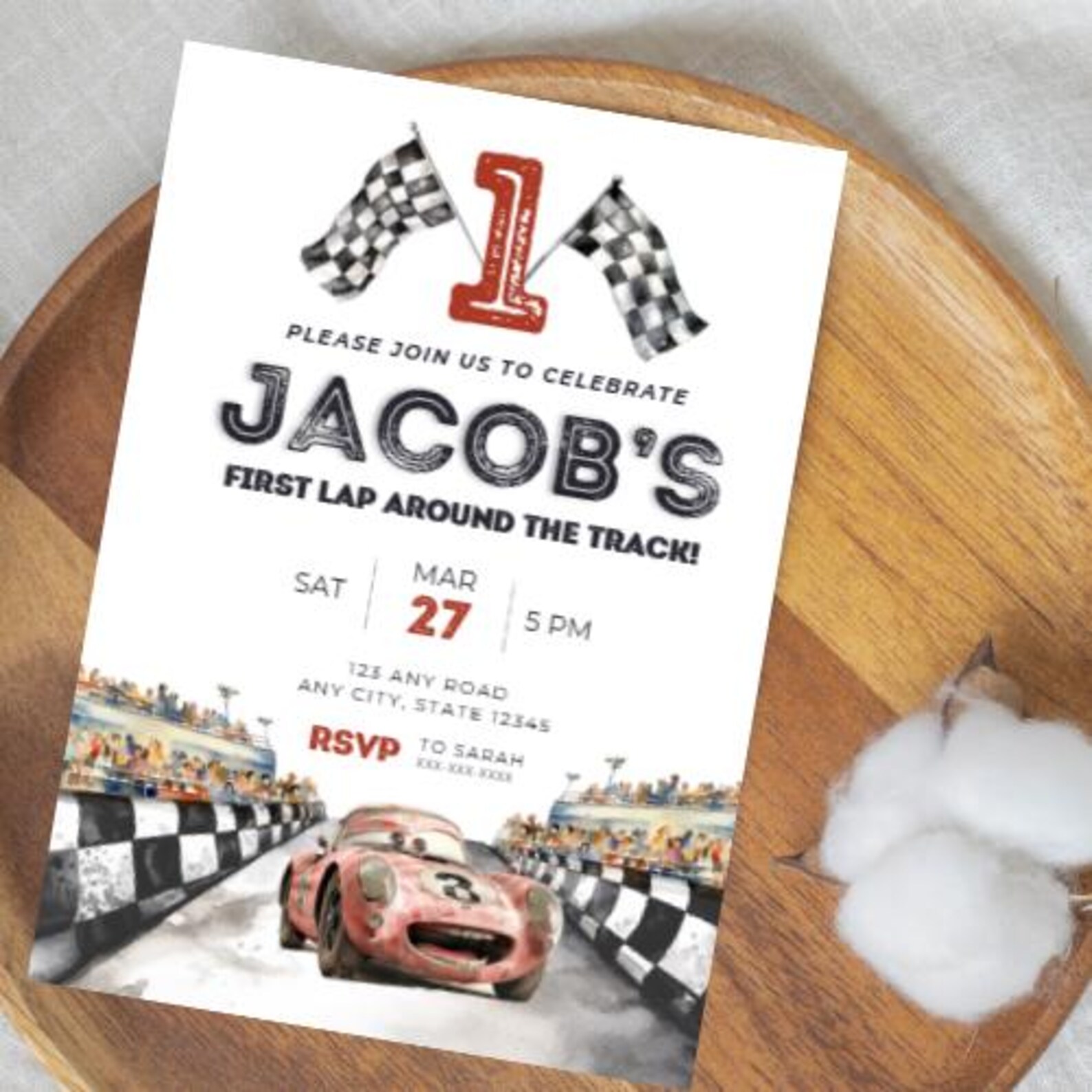 First Lap Around the Track Birthday Invitation, Race Car Themed 1st ...