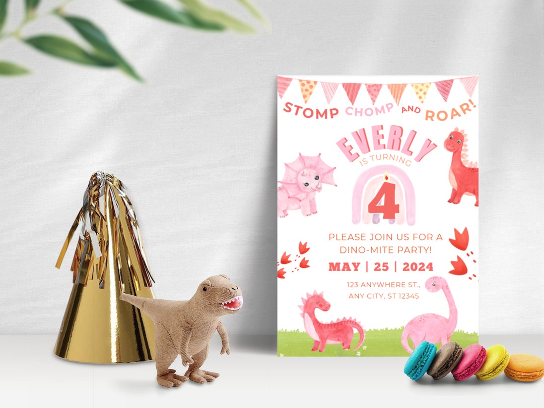Stomp Chomp Roar 4th Birthday Invitation | Girl Dinosaur Party Invite ...