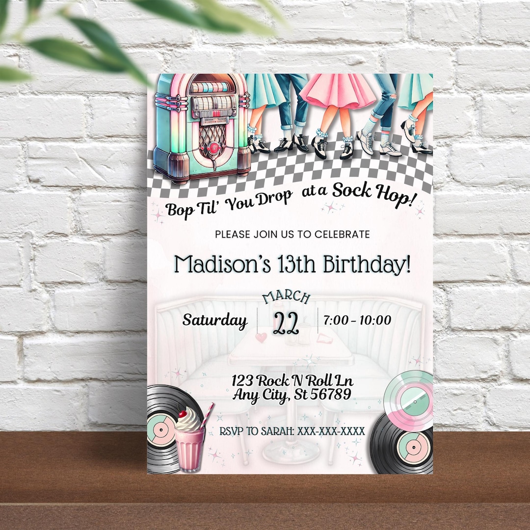 Sock Hop Party Invitation Editable, 1950s Party Invite, Retro Diner ...
