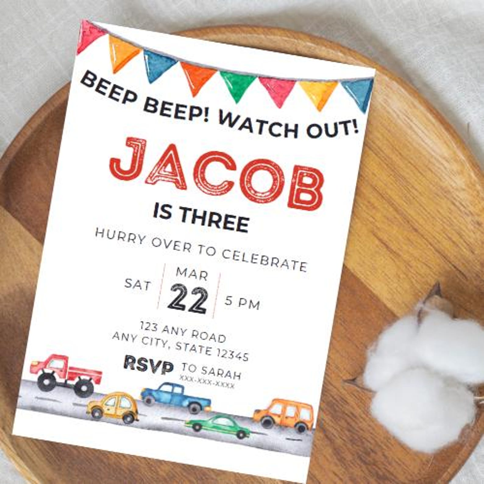 Editable Car Theme Kids Birthday Invite, Beep Beep Birthday Party ...