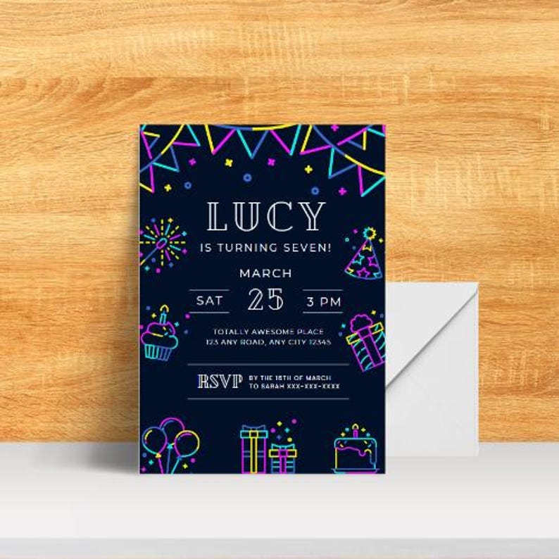 Editable Glow Birthday Invitation, Any Age Any Gender Birthday or Event ...