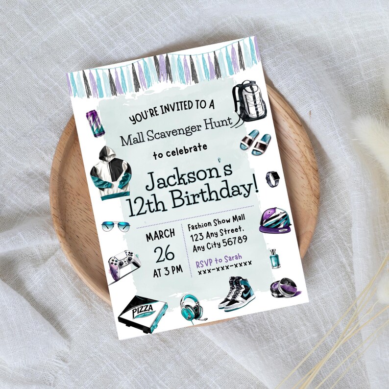 Editable Mall Scavenger Hunt Boy Invitation, Shopping Birthday Party, Trendy Teen Boy Invite ...
