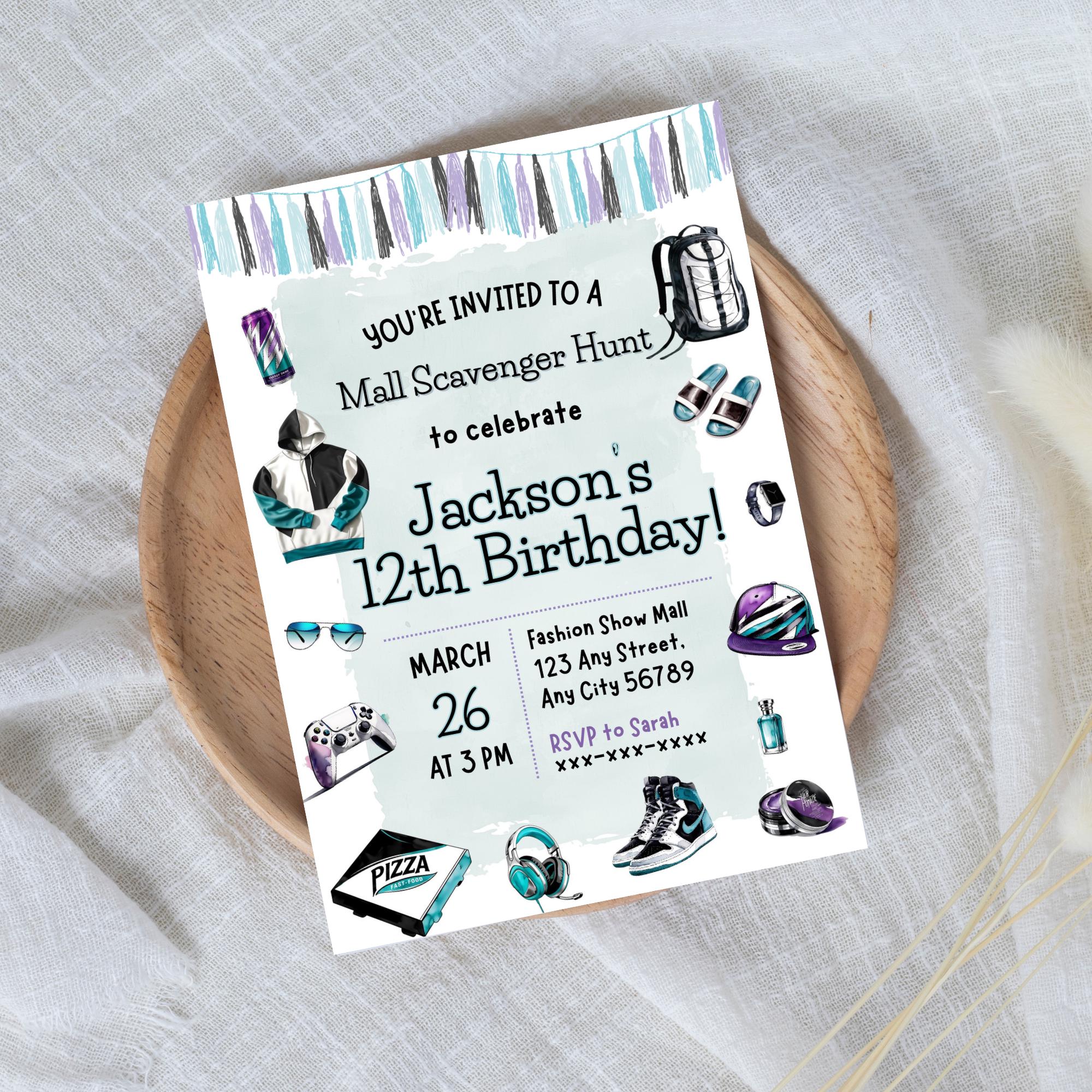 Editable Mall Scavenger Hunt Boy Invitation, Shopping Birthday Party, Trendy Teen Boy Invite ...