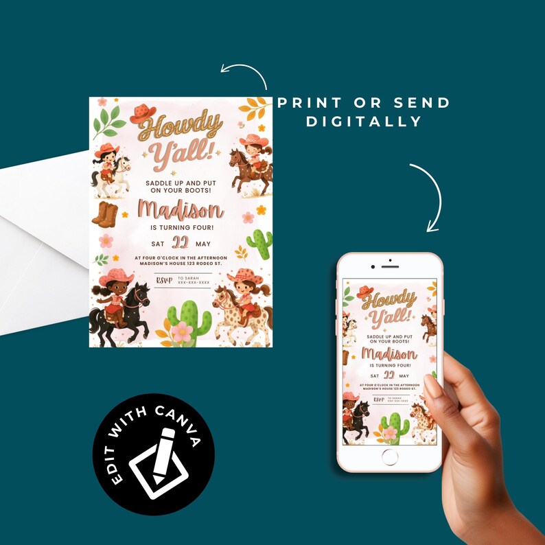 Editable Cowgirl Birthday Invitation Template, Western Rodeo Party ...