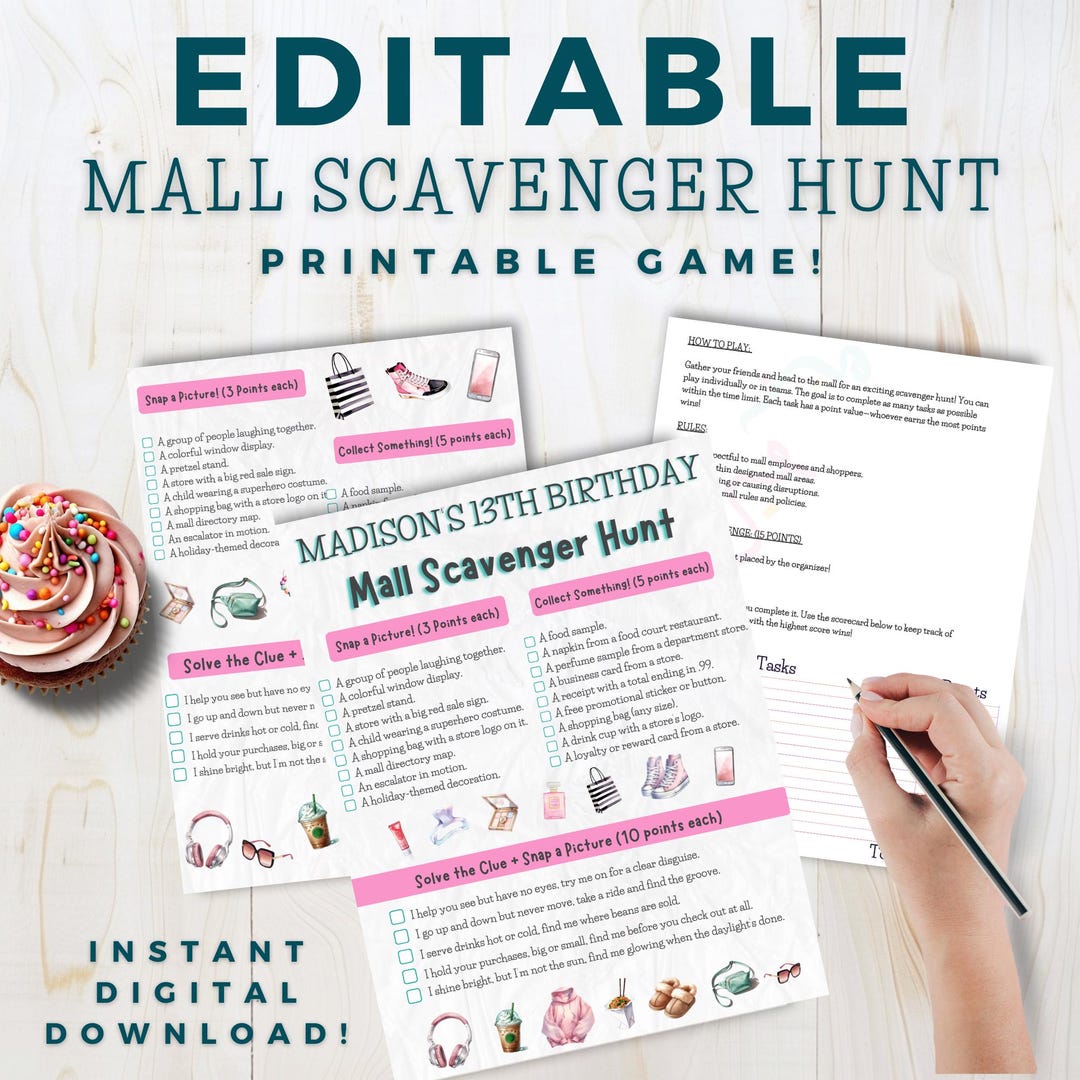 Editable Mall Scavenger Hunt, Printable Teen Party Game, Birthday Party ...