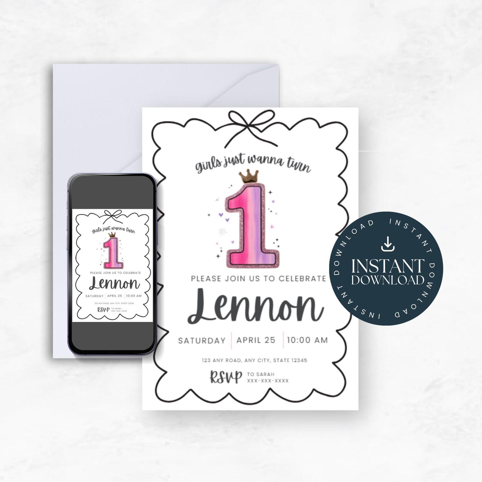 Editable First Birthday Invitation Template, Girls Just Wanna Turn 1 ...