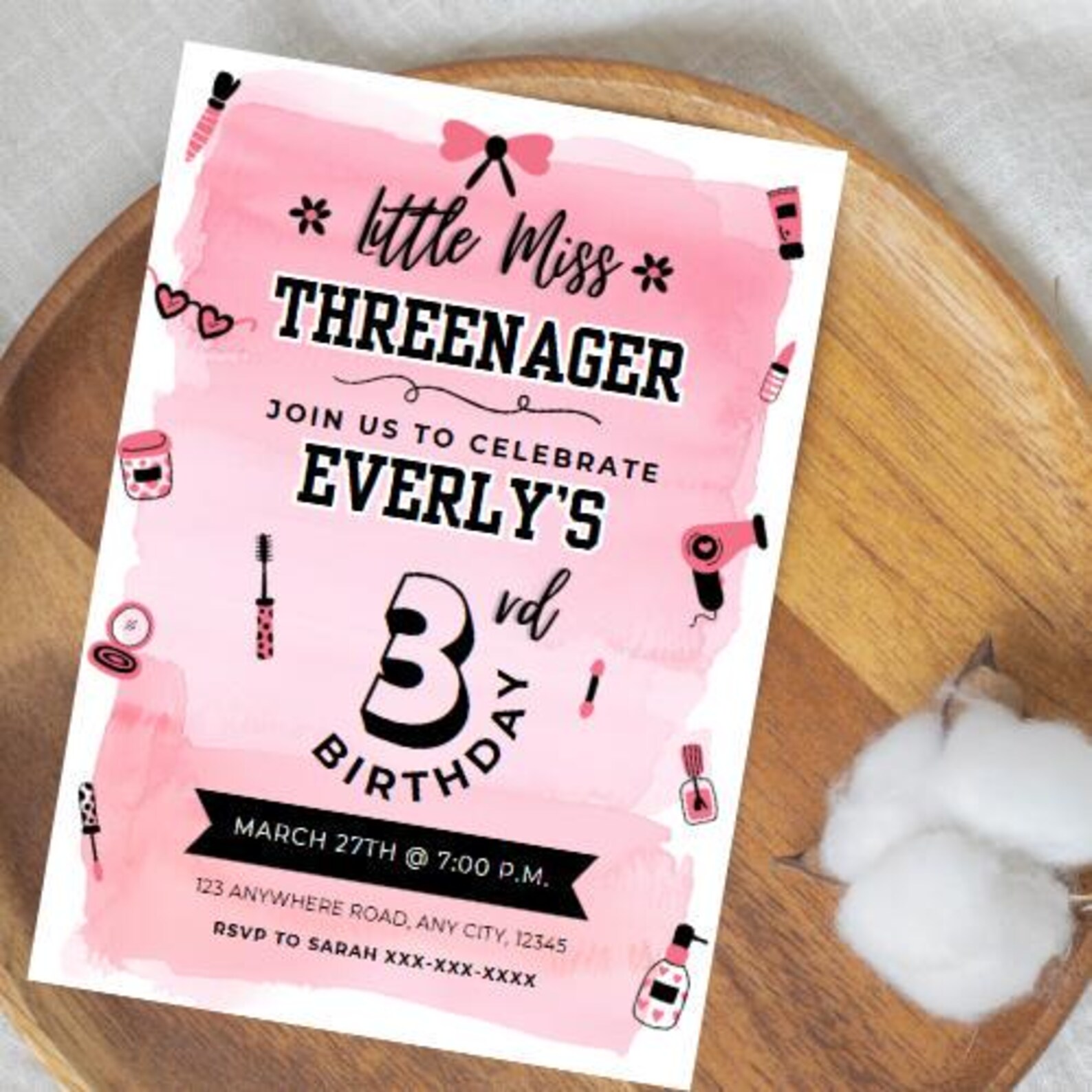 Editable Little Miss Threenager Birthday Invitation, Printable Party ...