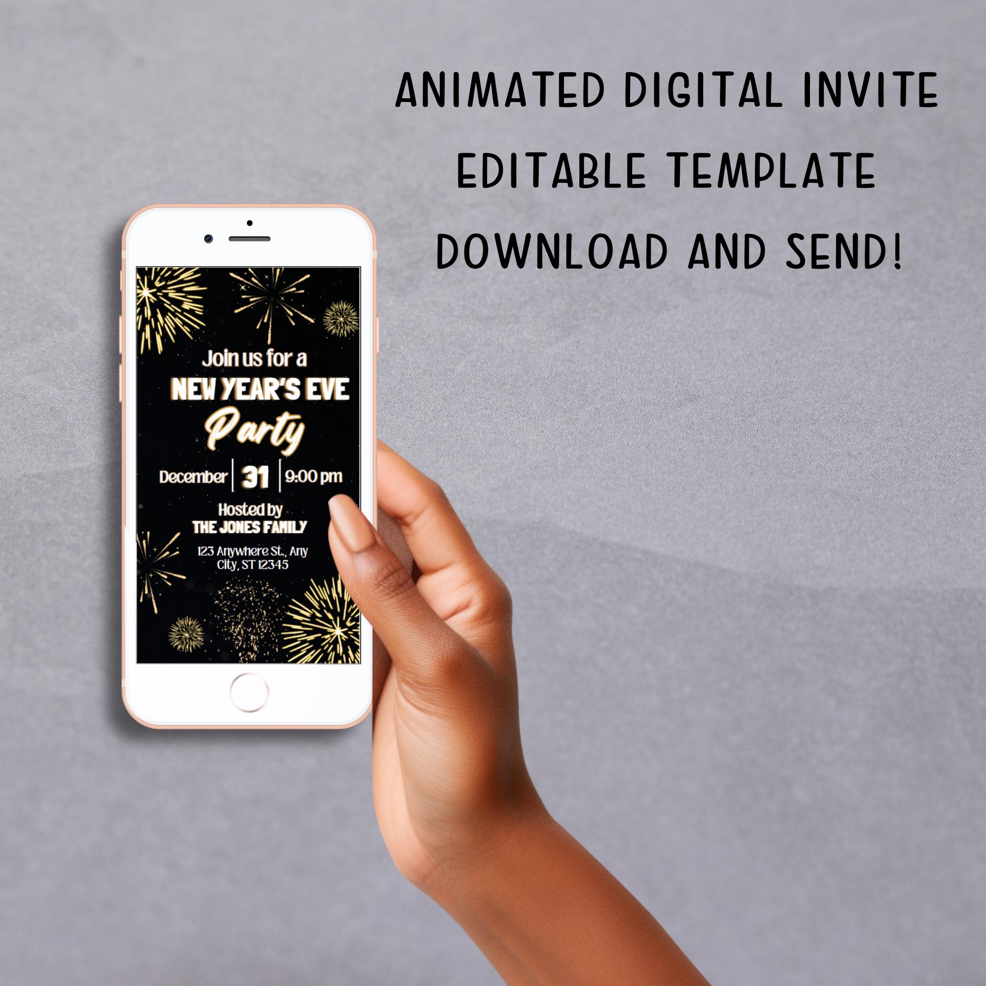 Mobile New Years Eve Invitation, Black and Gold, Editable Animated, NYE ...