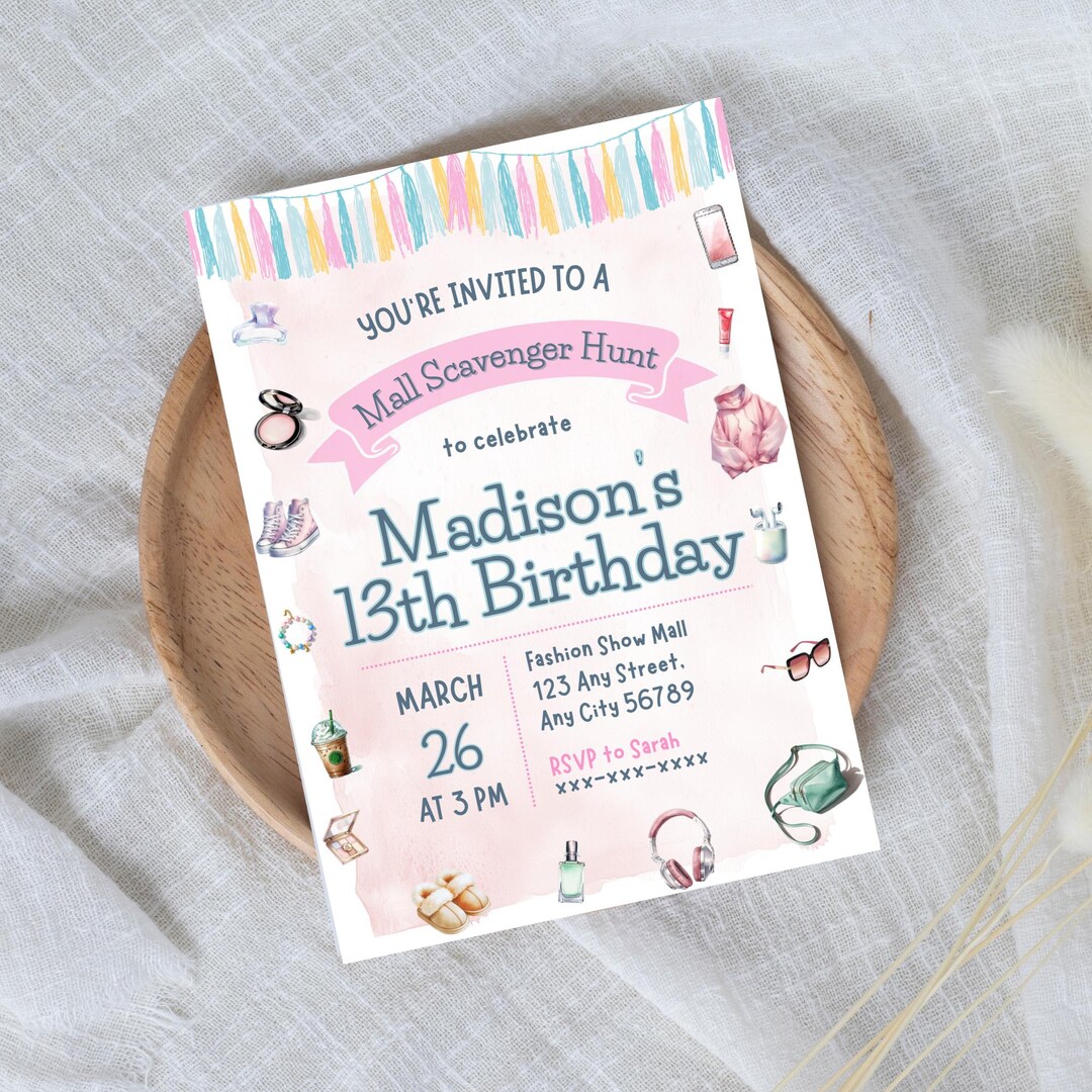 Editable Mall Scavenger Hunt Invitation, Shopping Birthday Party, Trendy Teen Girl Invite ...