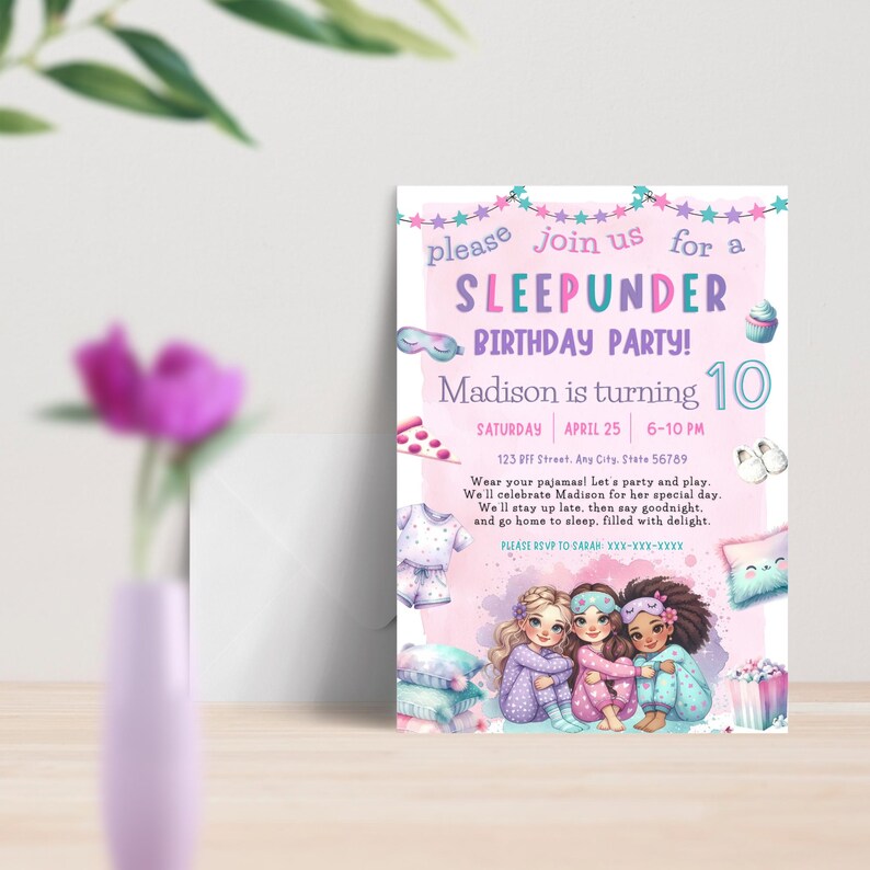 Editable Girl Birthday Invite Template, Trendy Slumber Party Invitation ...