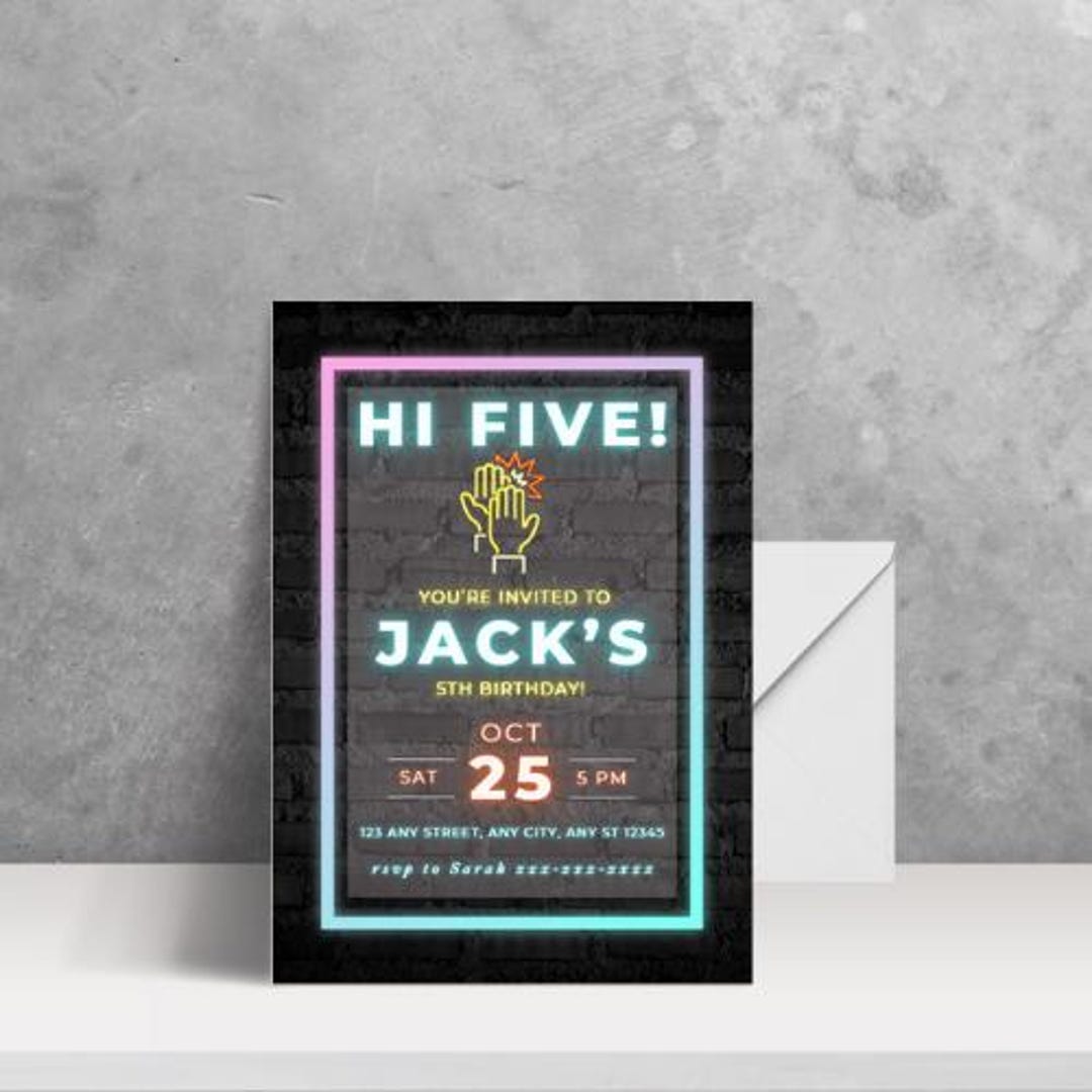Hi Five 5th Birthday Party Invitation Template | Neon Glow Theme ...