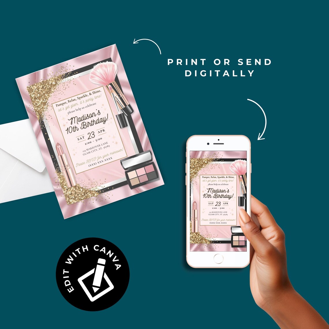 Editable Makeup Birthday Invitation, Glam Teen Party, Instant Digital ...