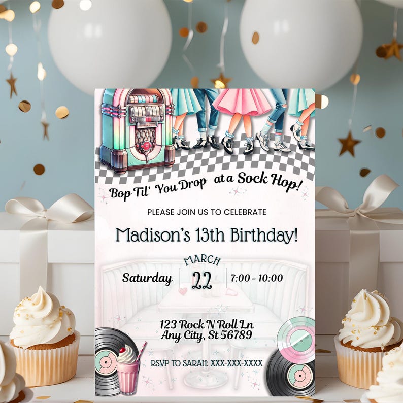 Sock Hop Party Invitation Editable, 1950s Party Invite, Retro Diner ...