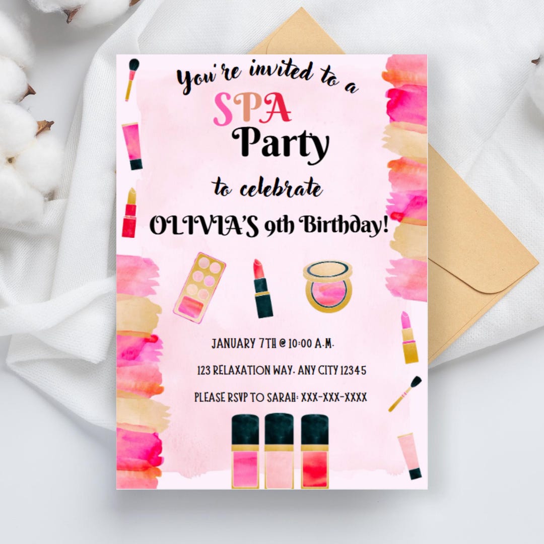 Editable Glam Spa Party Birthday Invitation Template | Tween Birthday ...