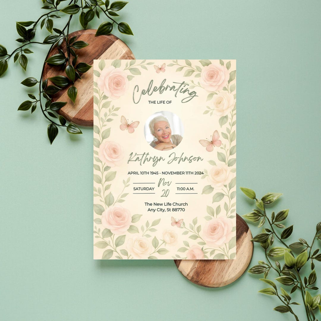 Floral Celebration of Life Invitation, Elegant Funeral or Memorial ...