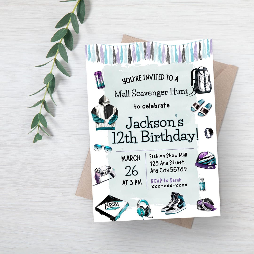 Editable Mall Scavenger Hunt Boy Invitation, Shopping Birthday Party, Trendy Teen Boy Invite ...