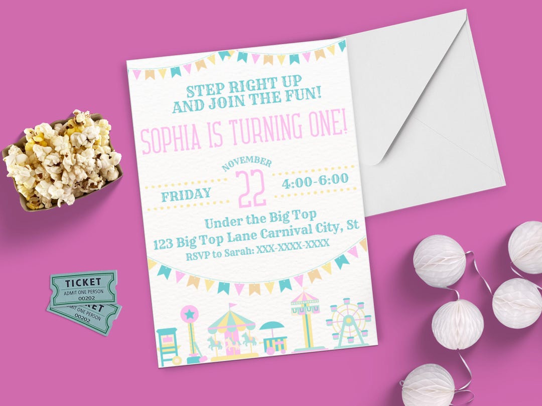 Pastel Carnival First Birthday Invitation, Circus Birthday, Carnival ...