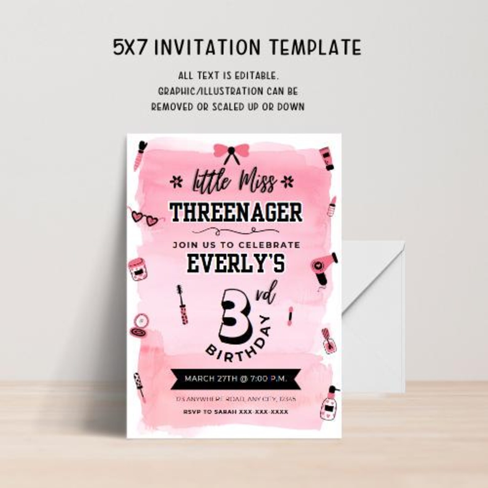 Editable Little Miss Threenager Birthday Invitation, Printable Party ...