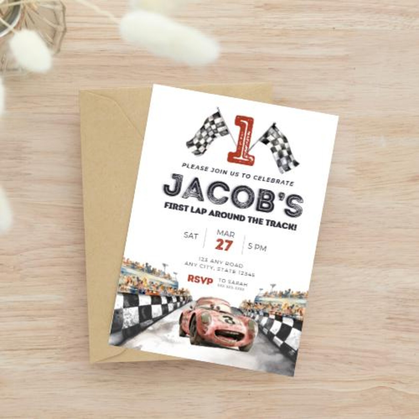 First Lap Around the Track Birthday Invitation, Race Car Themed 1st ...