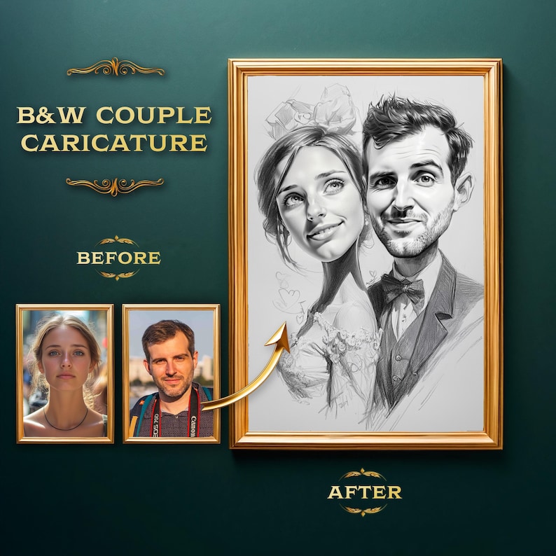 Custom B&W Couple Caricature Portrait From Photo - Personalized ...