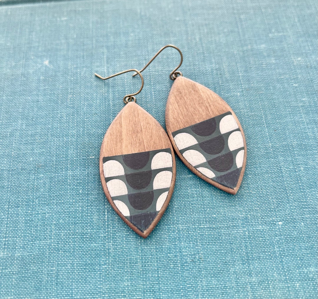 Handpainted Wood Earrings, Retro Pattern, Blue Earrings, Modern Wood ...