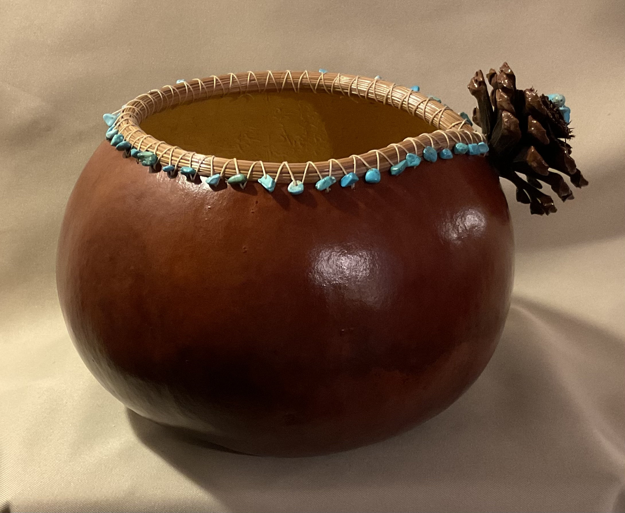 Hard Shell Gourd Bowl With Pine Needle Rim, Pinecone Embellishment and ...
