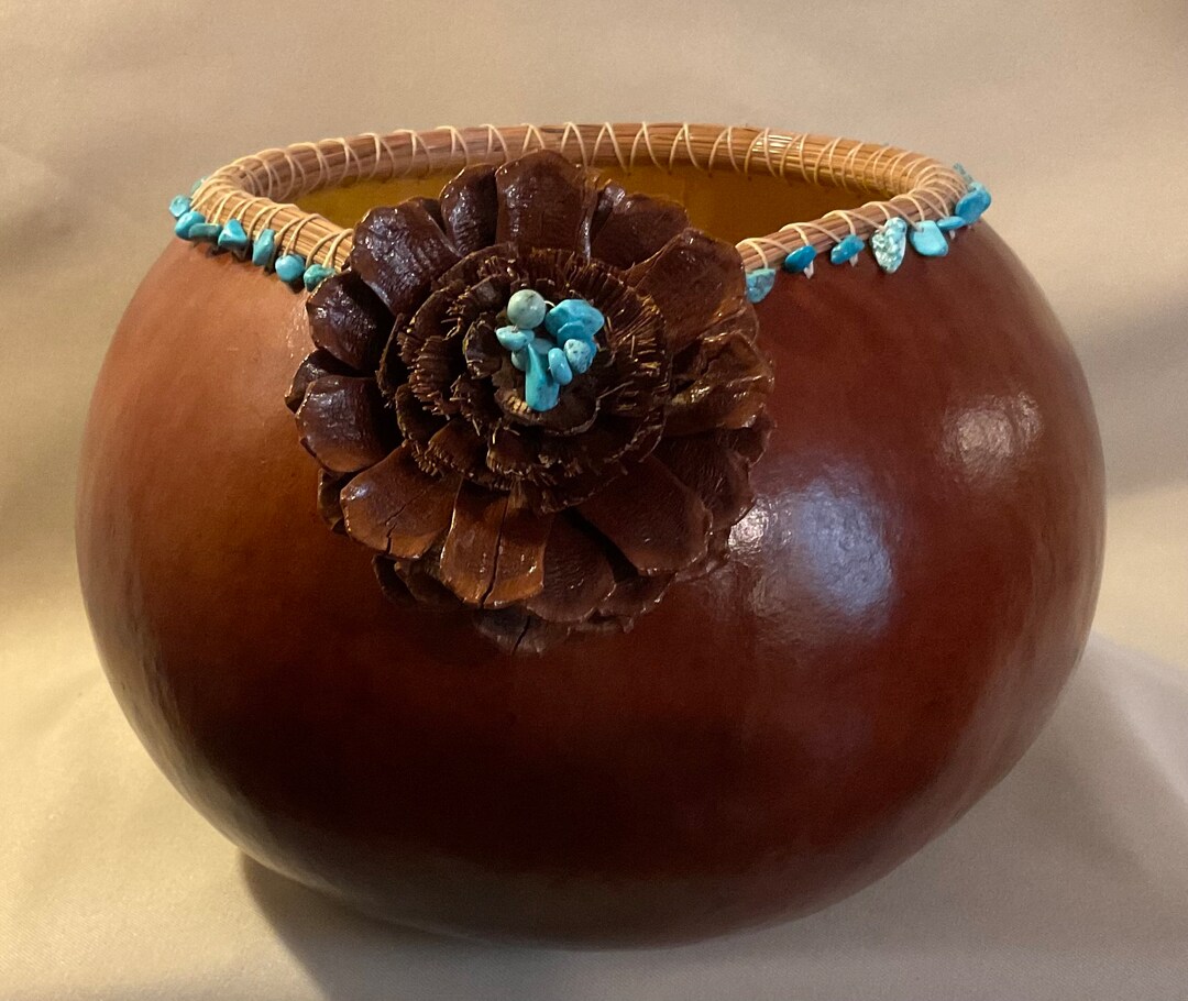 Hard Shell Gourd Bowl With Pine Needle Rim, Pinecone Embellishment and ...