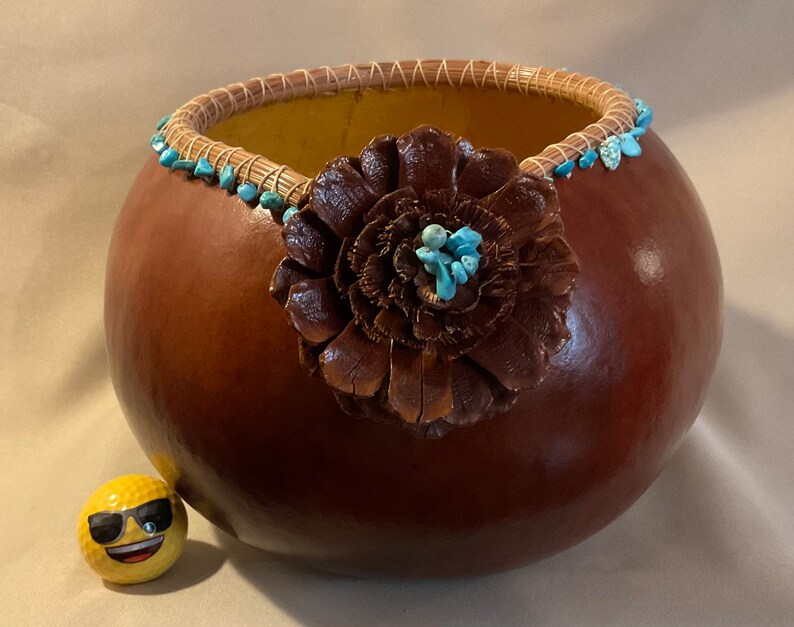 Hard Shell Gourd Bowl, Pine Needle Rim, Pinecone Embellishment ...