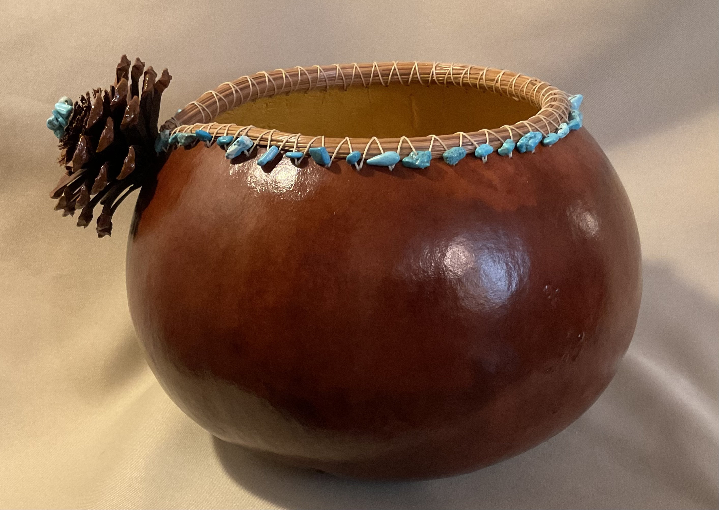 Hard Shell Gourd Bowl With Pine Needle Rim, Pinecone Embellishment and ...
